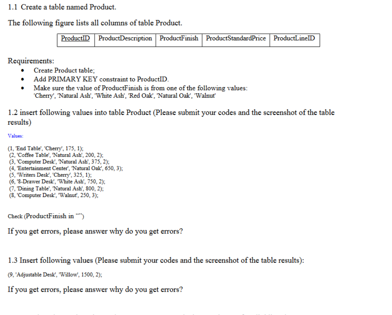 Solved 1.1 Create a table named Product. The following | Chegg.com