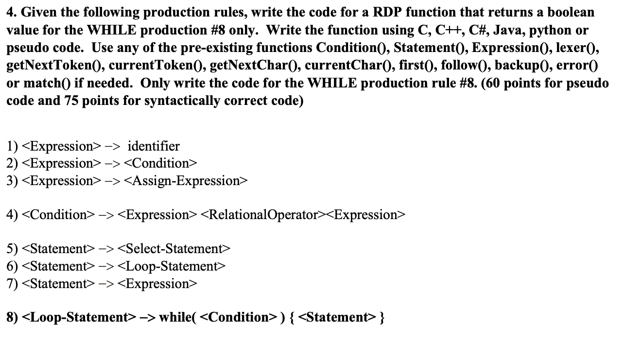 Solved 4. Given the following production rules, write the | Chegg.com
