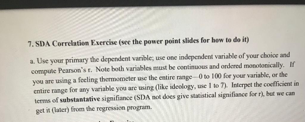 7. SDA Correlation Exercise (see the power point | Chegg.com