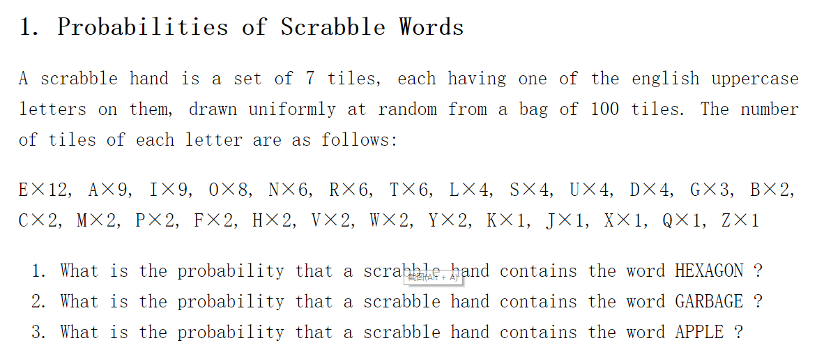 Solved 1. Probabilities of Scrabble Words A scrabble hand is | Chegg.com