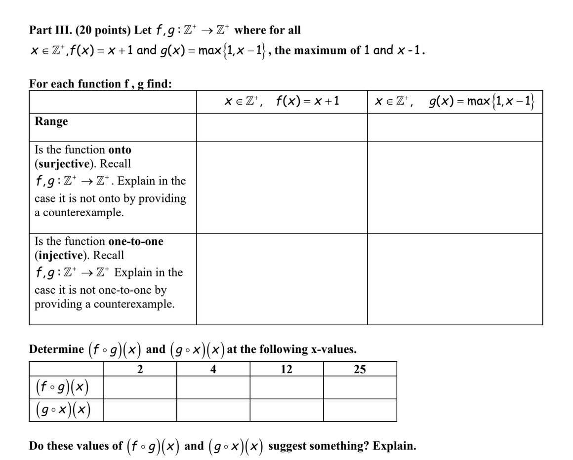 Solved Part III. (20 points) Let f,g:Z+→Z+where for all | Chegg.com Solved Part III. (20 points) Let f,g:Z+→Z+where for all | Chegg.com