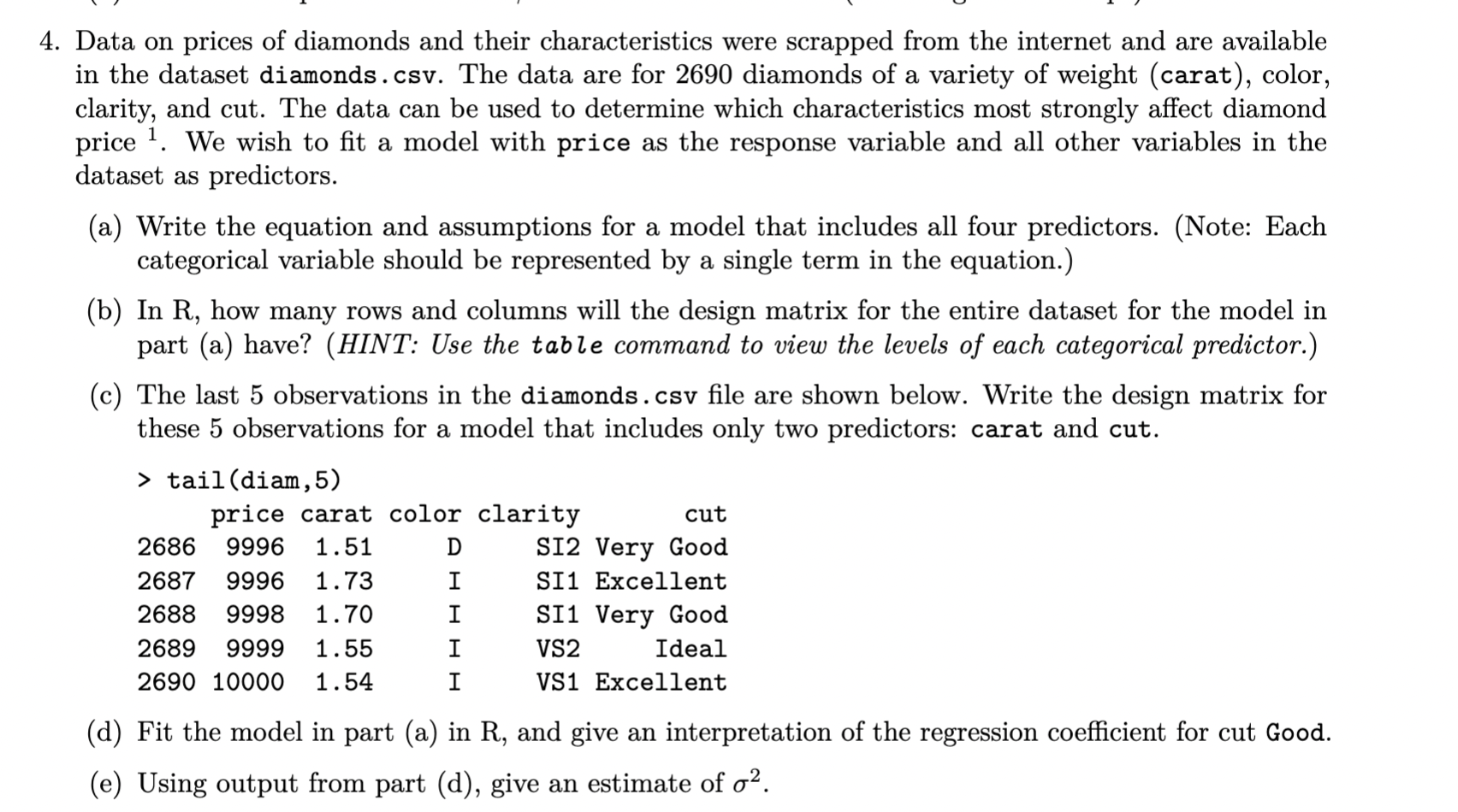Solved Data on prices of diamonds and their characteristics | Chegg.com