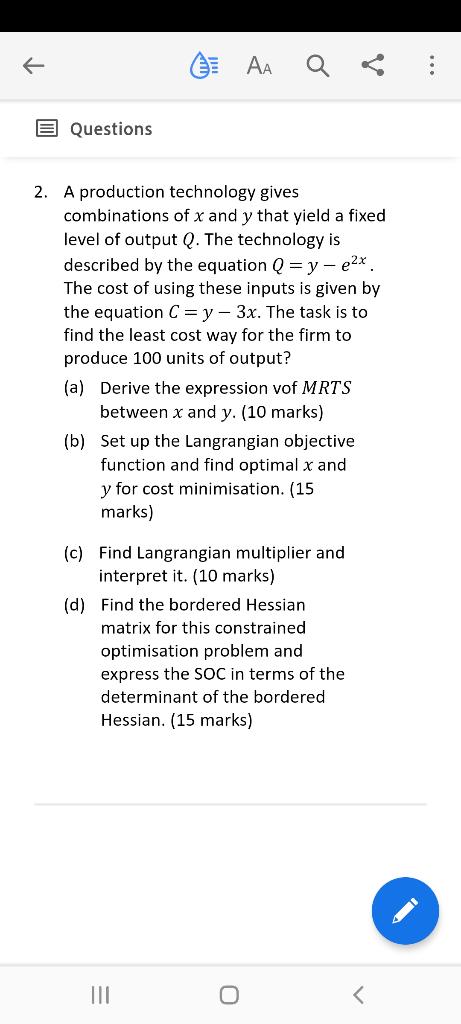 Solved 2. A production technology gives combinations of x | Chegg.com