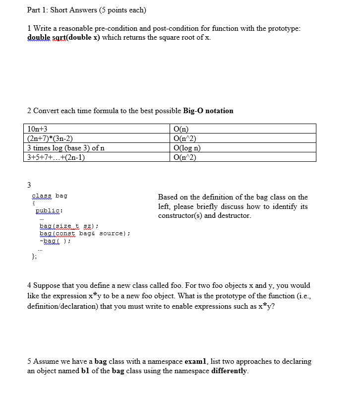 Solved Part 1: Short Answers (5 points each) 1 Write a | Chegg.com
