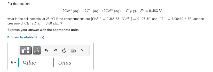 Solved For the reaction 2Co3+(aq)+2Cl−(aq)→2Co2+(aq)+Cl2( | Chegg.com