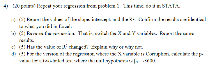 Solved 4) (20 points) Repeat your regression from problem 1. | Chegg.com