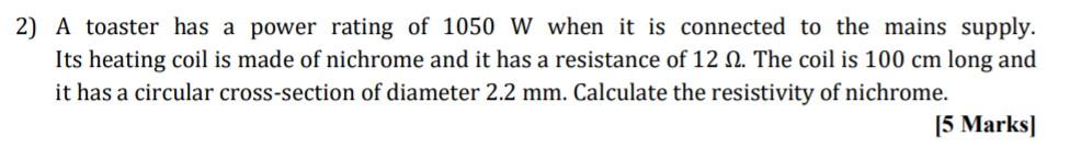 Solved 2) A toaster has a power rating of 1050 W when it is | Chegg.com