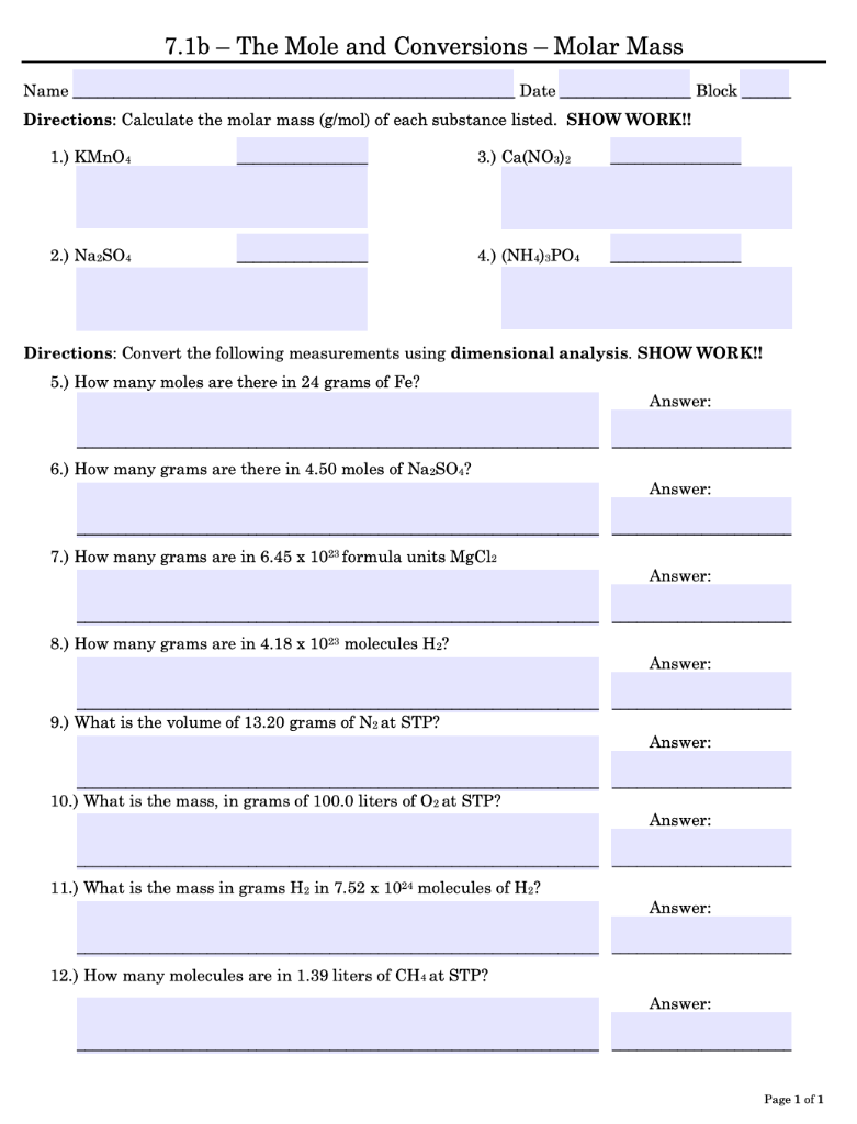 Solved 7.1b - The Mole and Conversions - Molar Mass Name | Chegg.com
