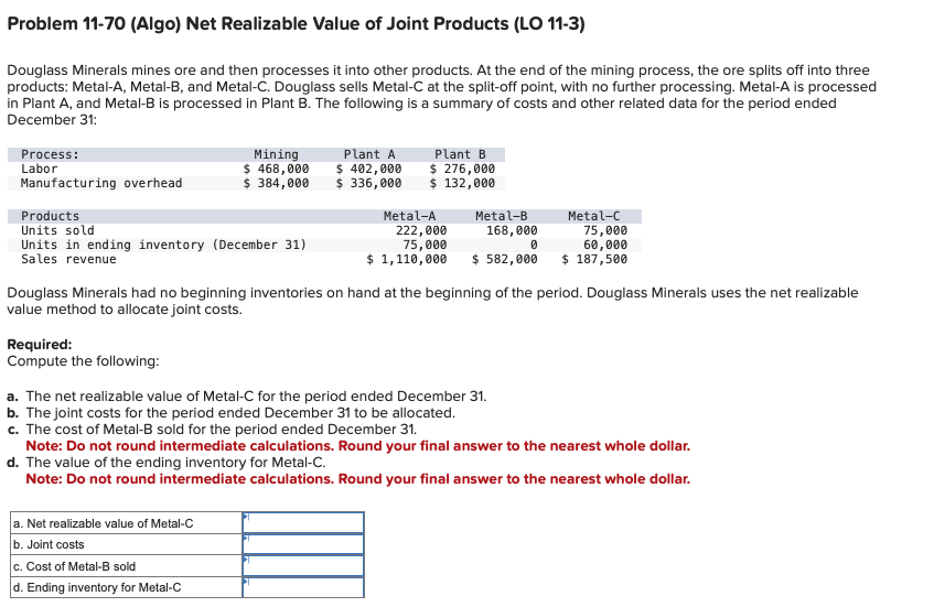 Solved Problem 11-70 (Algo) ﻿Net Realizable Value of Joint | Chegg.com