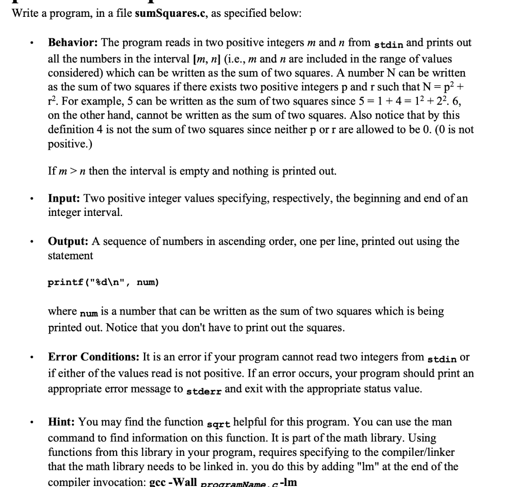 Solved Write a program, in a file sumSquares.c, as specified | Chegg.com