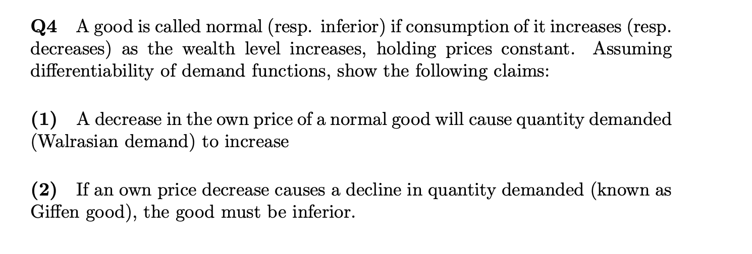 Solved A good is called normal (resp. ﻿inferior) ﻿if | Chegg.com