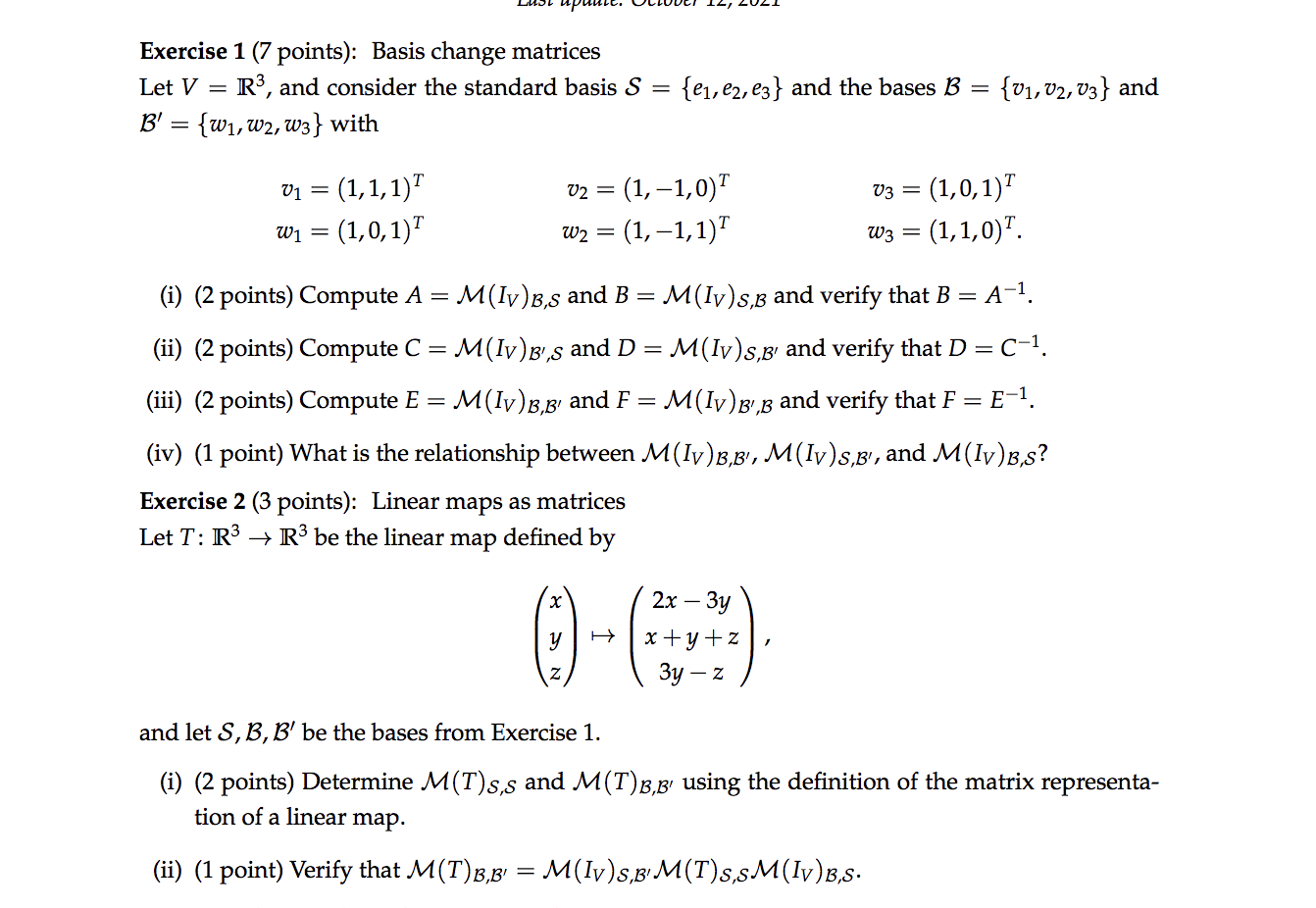 Solved Exercise 1 (7 points): Basis change matrices Let V = | Chegg.com