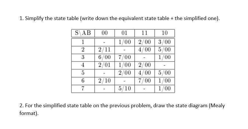 Solved 1. Simplify the state table (write down the | Chegg.com