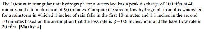 Solved The 10-minute triangular unit hydrograph for a | Chegg.com