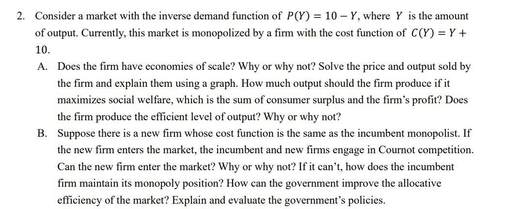 Solved 2. Consider a market with the inverse demand function | Chegg.com