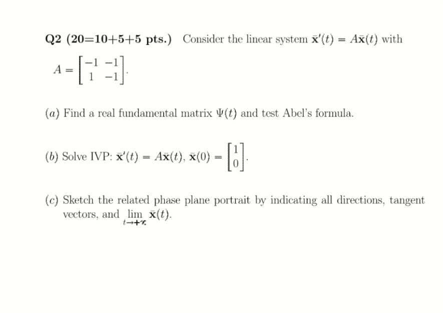 Solved Q2 (20=10+5+5 pts.) Consider the linear system x'(t) | Chegg.com