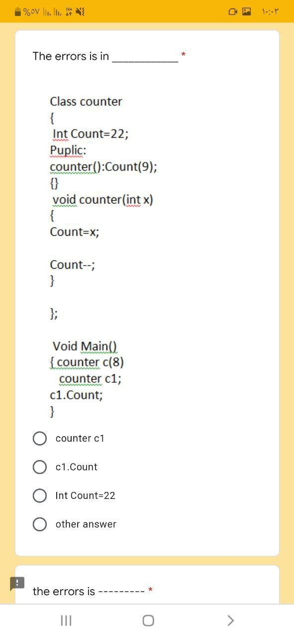 Solved %ov I. . * ۱۰۰۰۳ The errors is in Class counter { Int | Chegg.com