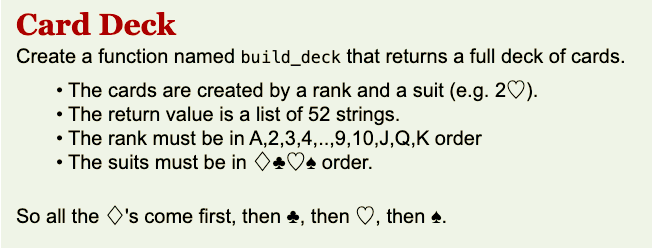 Solved Card Deck Create a function named build_deck that | Chegg.com