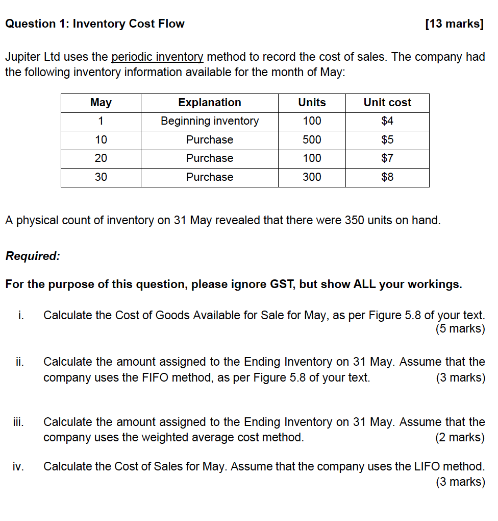Solved Question 1: Inventory Cost Flow [13 marks] Jupiter | Chegg.com