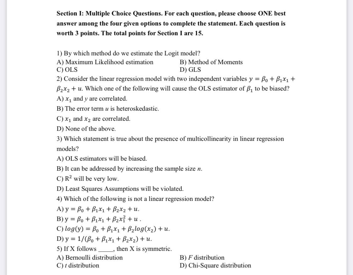 Solved Section I: Multiple Choice Questions. For each | Chegg.com