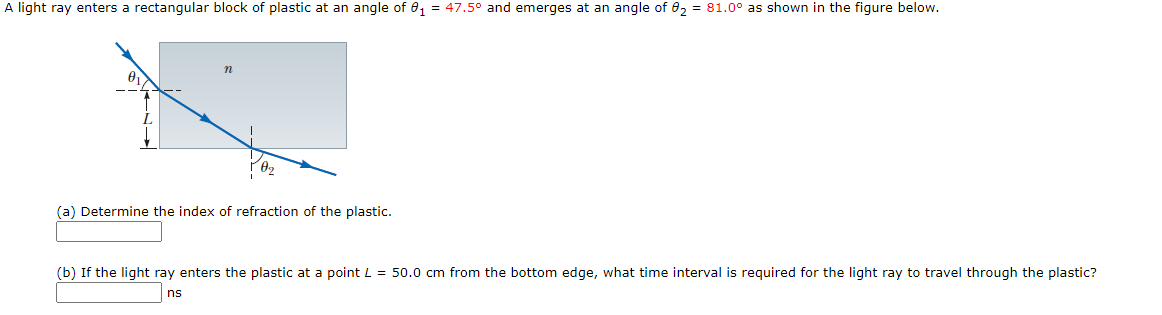 Solved A light ray enters a rectangular block of plastic at | Chegg.com