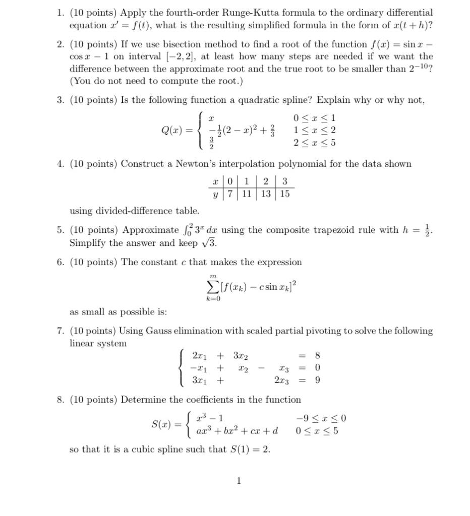 Solved 1 10 Points Apply The Fourth Order Runge Kutta
