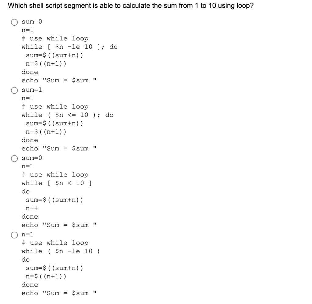 Solved Which shell script segment is able to calculate the | Chegg.com
