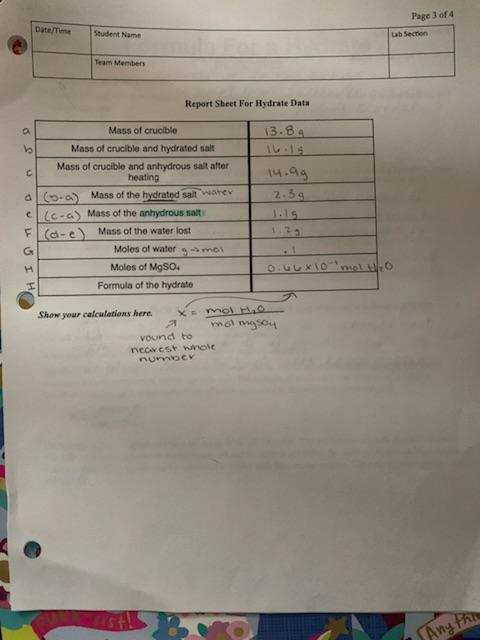 Solved Report Sleet Fer Hydrate Data Show your calculations | Chegg.com