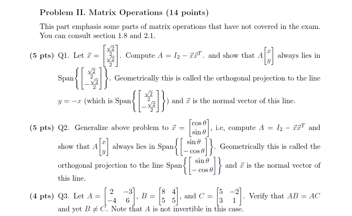 Solved Problem II. Matrix Operations (14 points) This part | Chegg.com