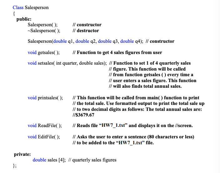 Solved Class Salesperson public: Salesperson(); constructor | Chegg.com