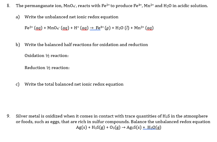 Solved The permanganate ion, MnO4, reacts with Fe2+ to | Chegg.com
