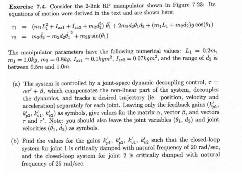 Solved Exercise 7.4. Consider the 2-link RP manipulator | Chegg.com