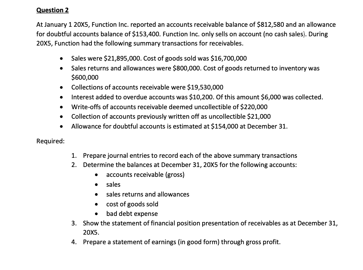 Solved At January 120X5, Function Inc. reported an accounts | Chegg.com