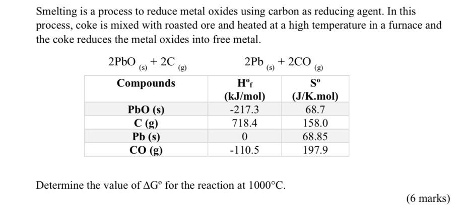 Solved Smelting is a process to reduce metal oxides using | Chegg.com