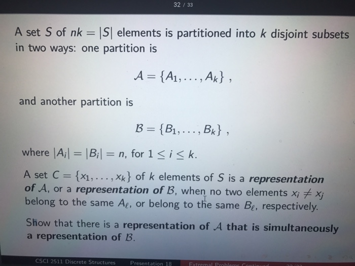 Solved 32 33 A set S of nk SI elements is partitioned into k | Chegg.com