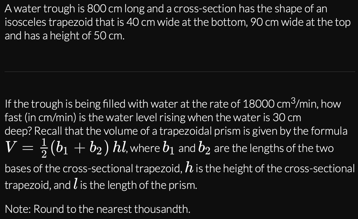 Solved a A water trough is 800 cm long and a cross-section | Chegg.com