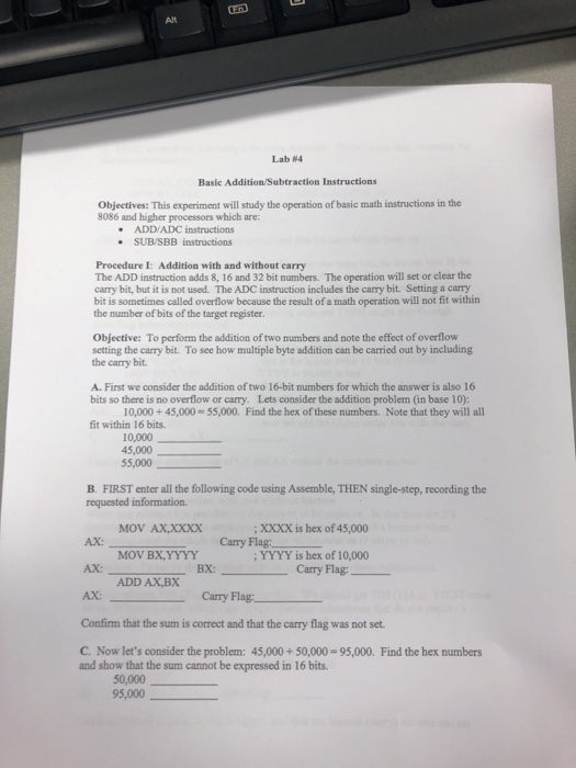 Solved Lab #4 Basic Addition/Subtraction Instructions | Chegg.com