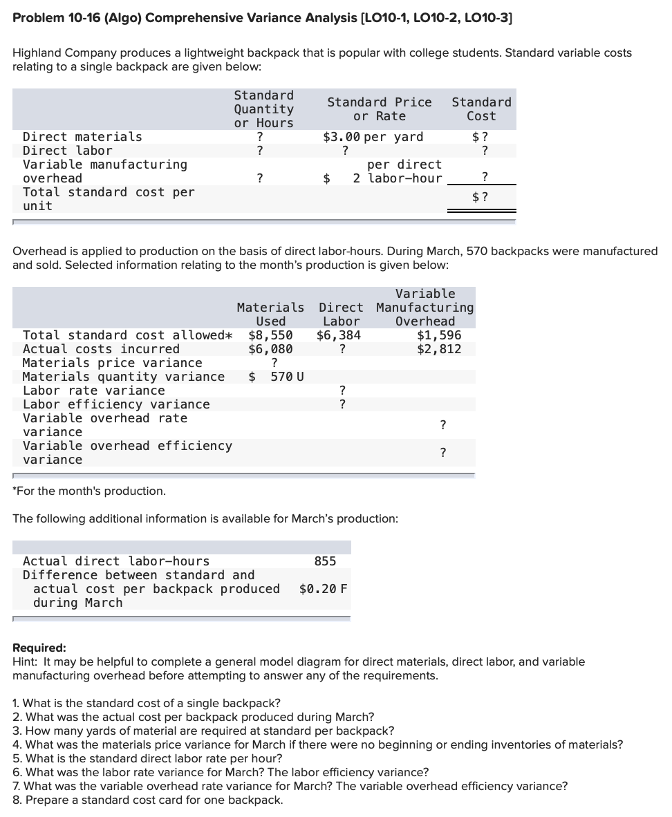 Solved Problem 10-16 (Algo) Comprehensive Variance Analysis | Chegg.com