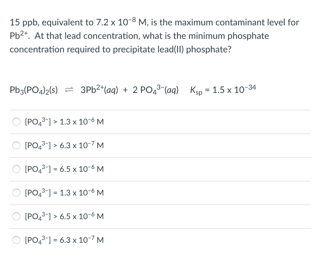 Solved 15 ppb, equivalent to 7.2 x 10-8 M, is the maximum | Chegg.com