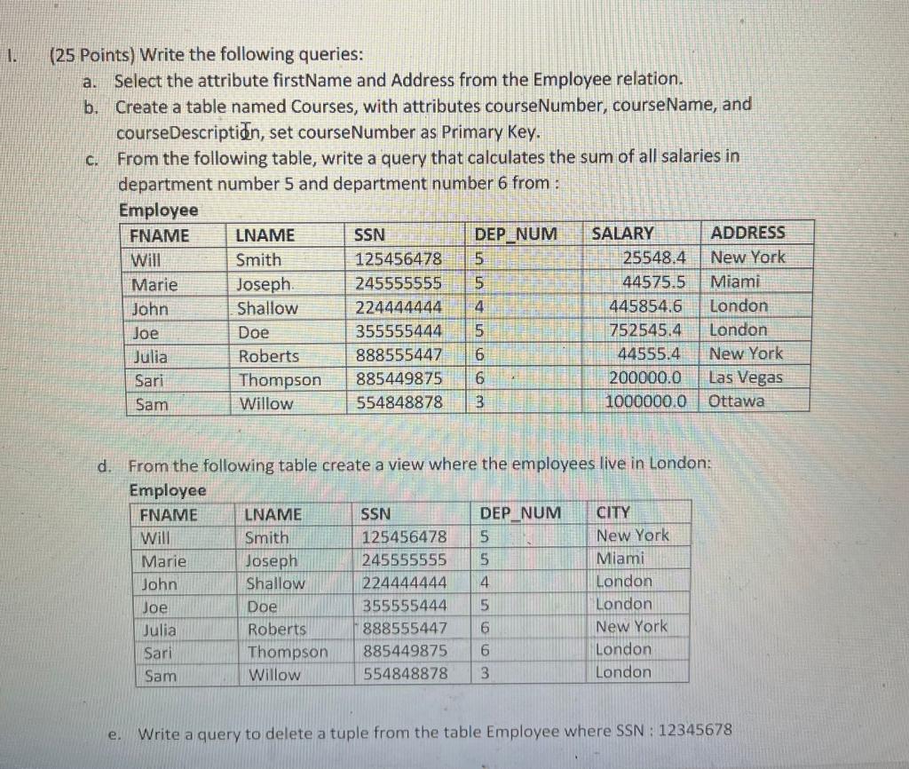 Solved (25 Points) Write the following queries: a. Select | Chegg.com