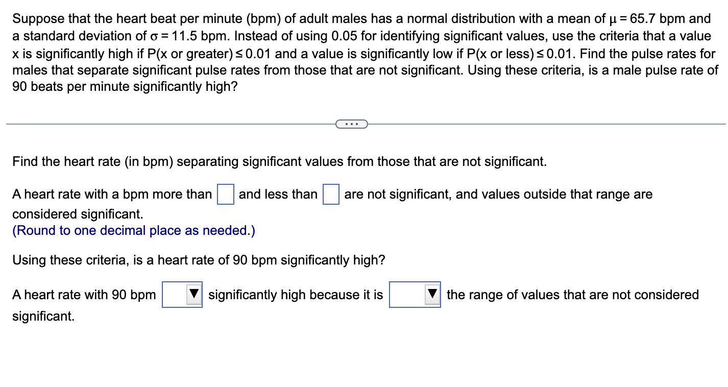 Solved Suppose that the heart beat per minute (bpm) of adult | Chegg.com