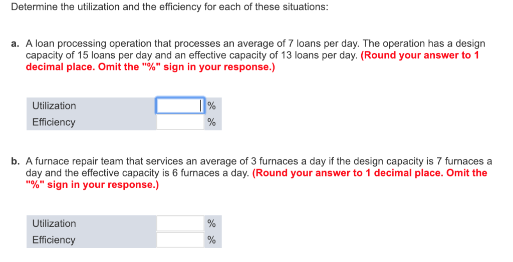 Solved Determine the utilization and the efficiency for each | Chegg.com