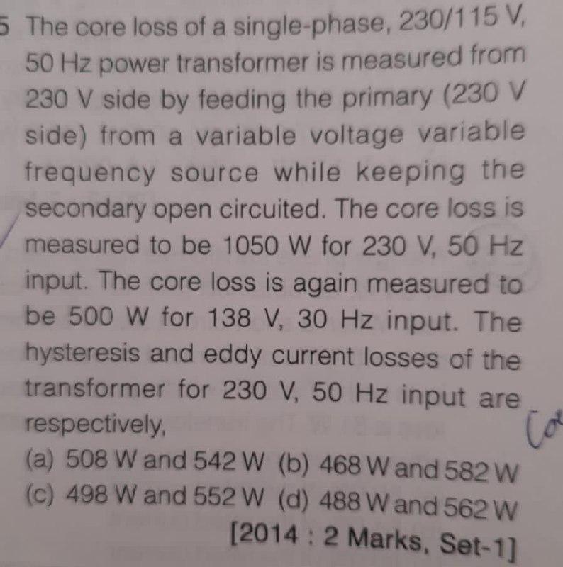 Solved 5 The core loss of a single-phase, 230/115 V, 50 Hz | Chegg.com