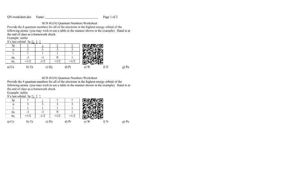 Solved SCH 4U(N) Quantum Numbers Worksheet Provide the 4 | Chegg.com