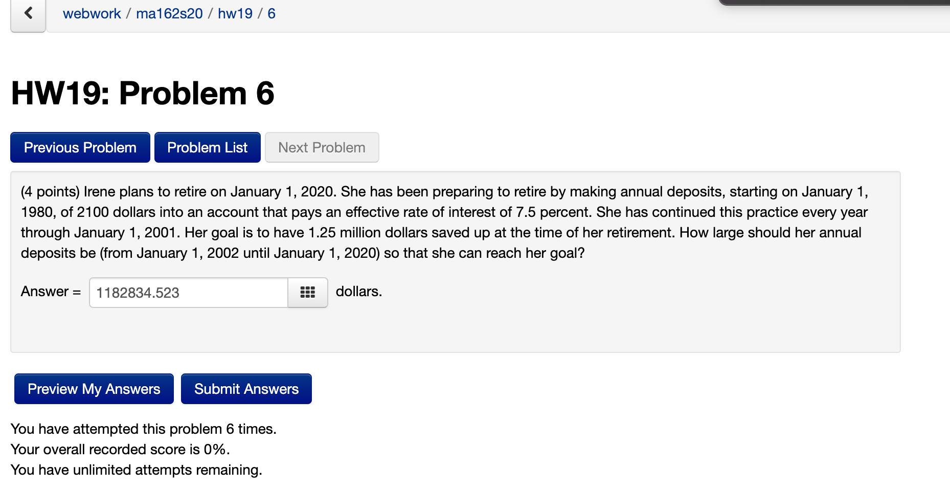Solved webwork / ma162s20 / hw19 / 6 HW19: Problem 6 | Chegg.com