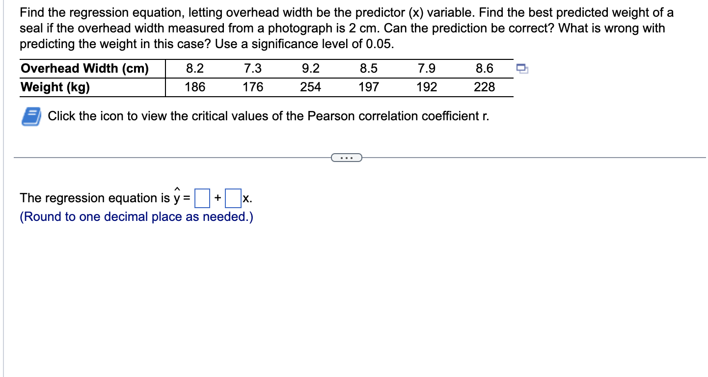 Solved Find the regression equation, letting overhead width | Chegg.com