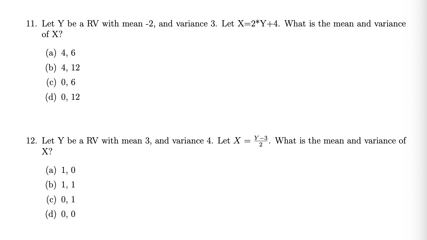 Solved 11. Let Y be a RV with mean −2, and variance 3 . Let | Chegg.com