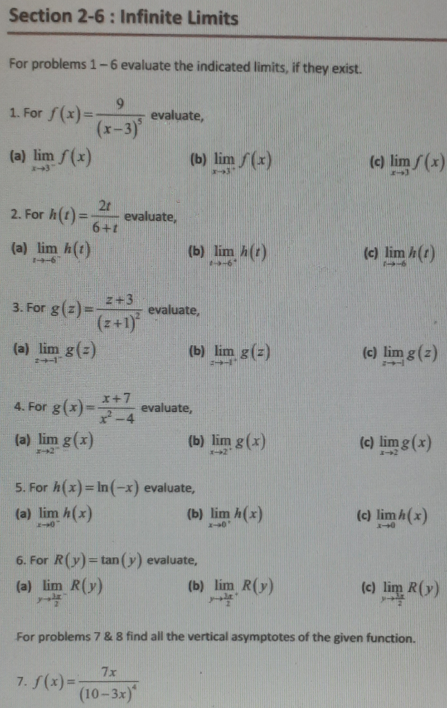 Solved Section 2-6 : Infinite Limits For problems 1-6 | Chegg.com