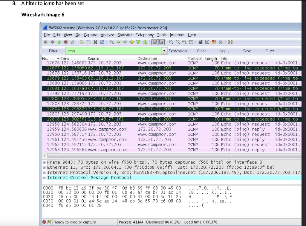Solved 8. A filter to icmp has been set Wireshark Image 6 | Chegg.com