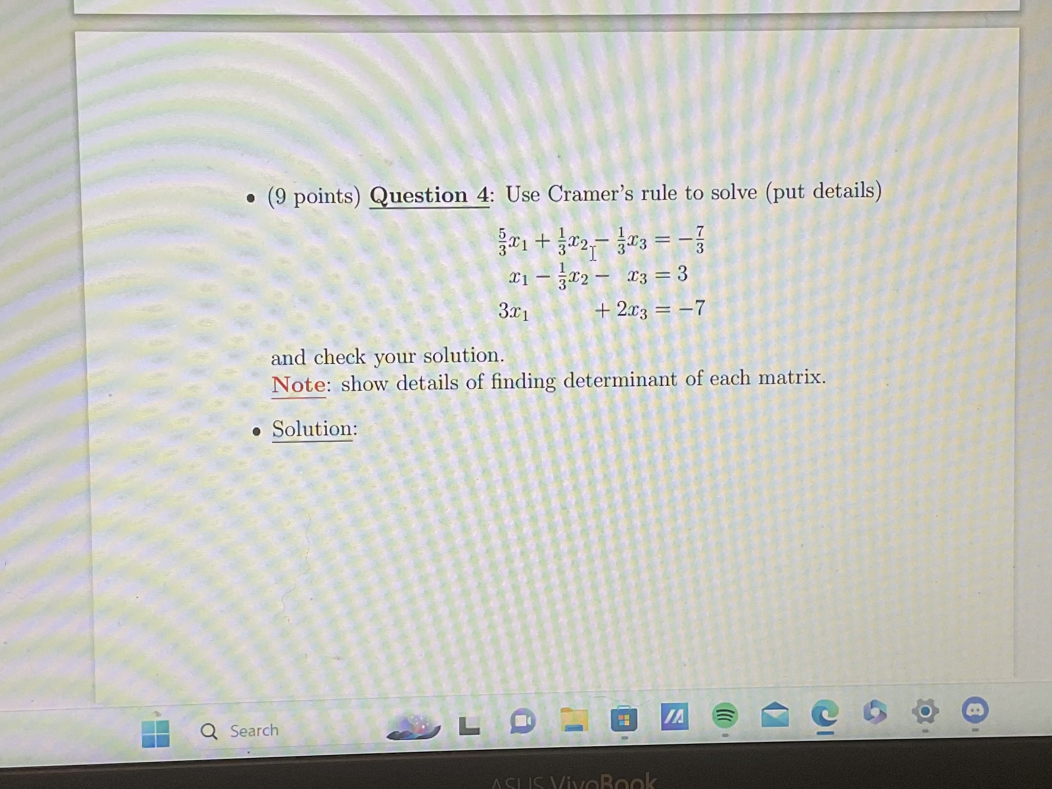 Solved (9 ﻿points) ﻿Question 4: Use Cramer's rule to ﻿solve | Chegg.com